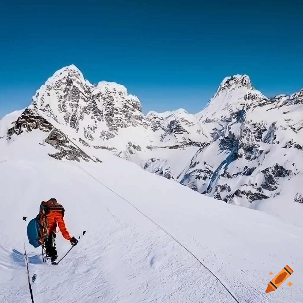 Skiers ascending snowy mountains with rope and ice axe on Craiyon