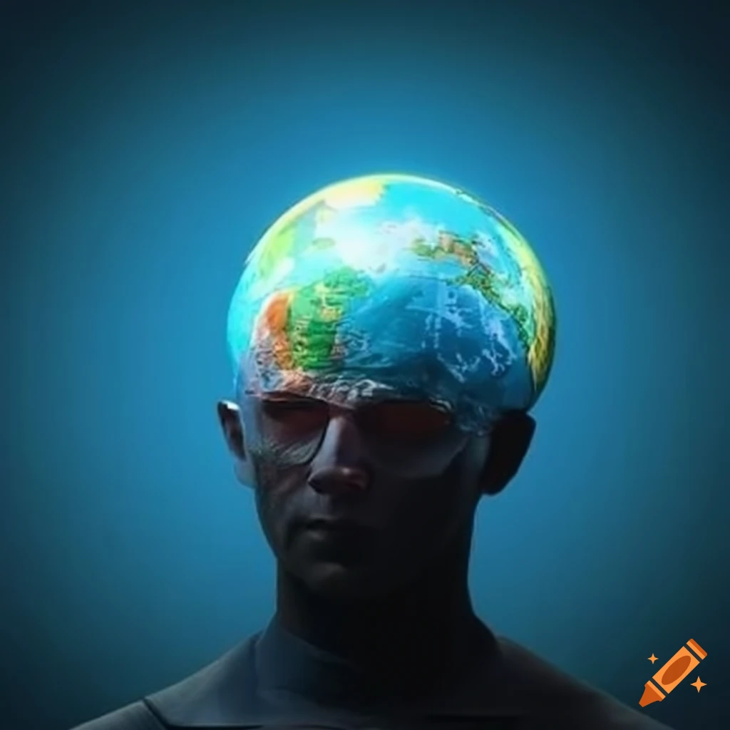Person with a globe head looking positively at the future on Craiyon