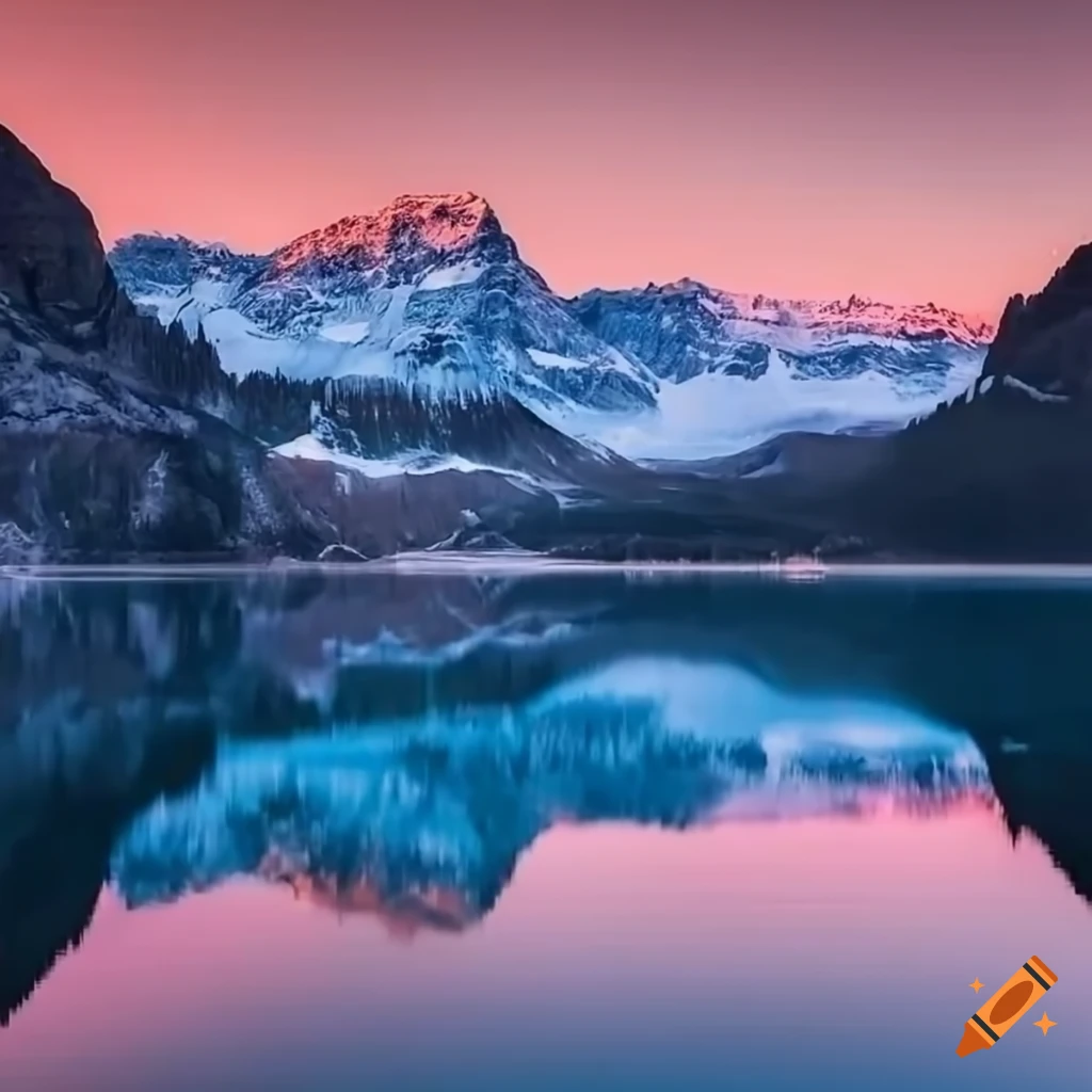 Serene lake surrounded by snow-capped mountains at dawn on Craiyon