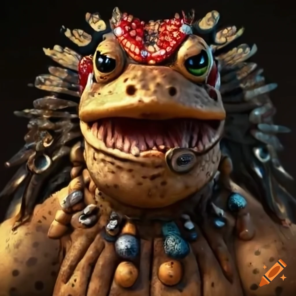 Fierce toad chief with intense expression ready for battle on Craiyon