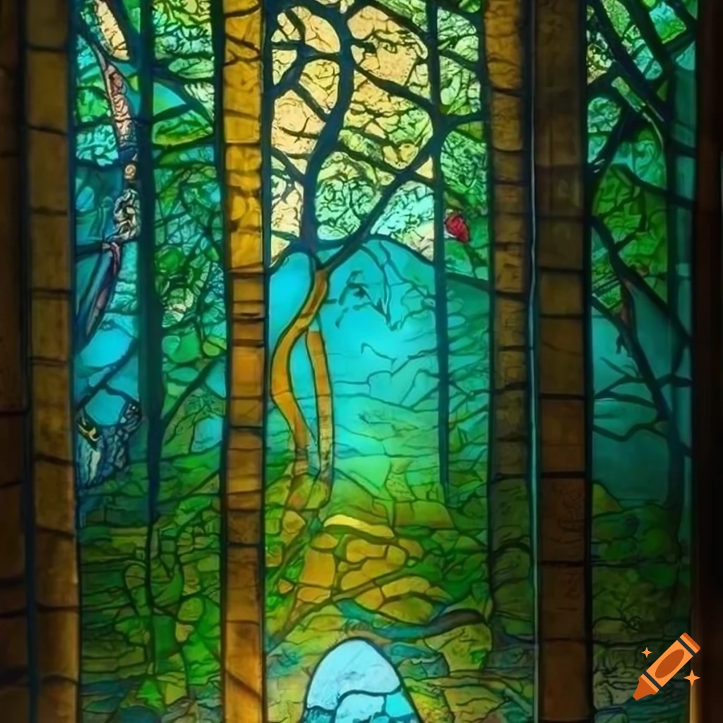 Stained glass mural of a serene sasquatch in a natural forest setting ...