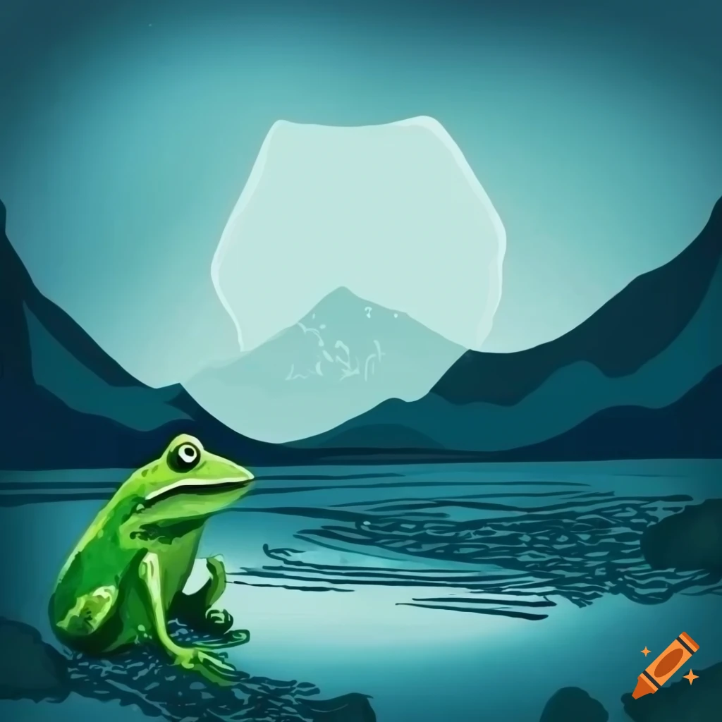 Hand drawn frog crying by a river under rainfall with a mountain in the ...