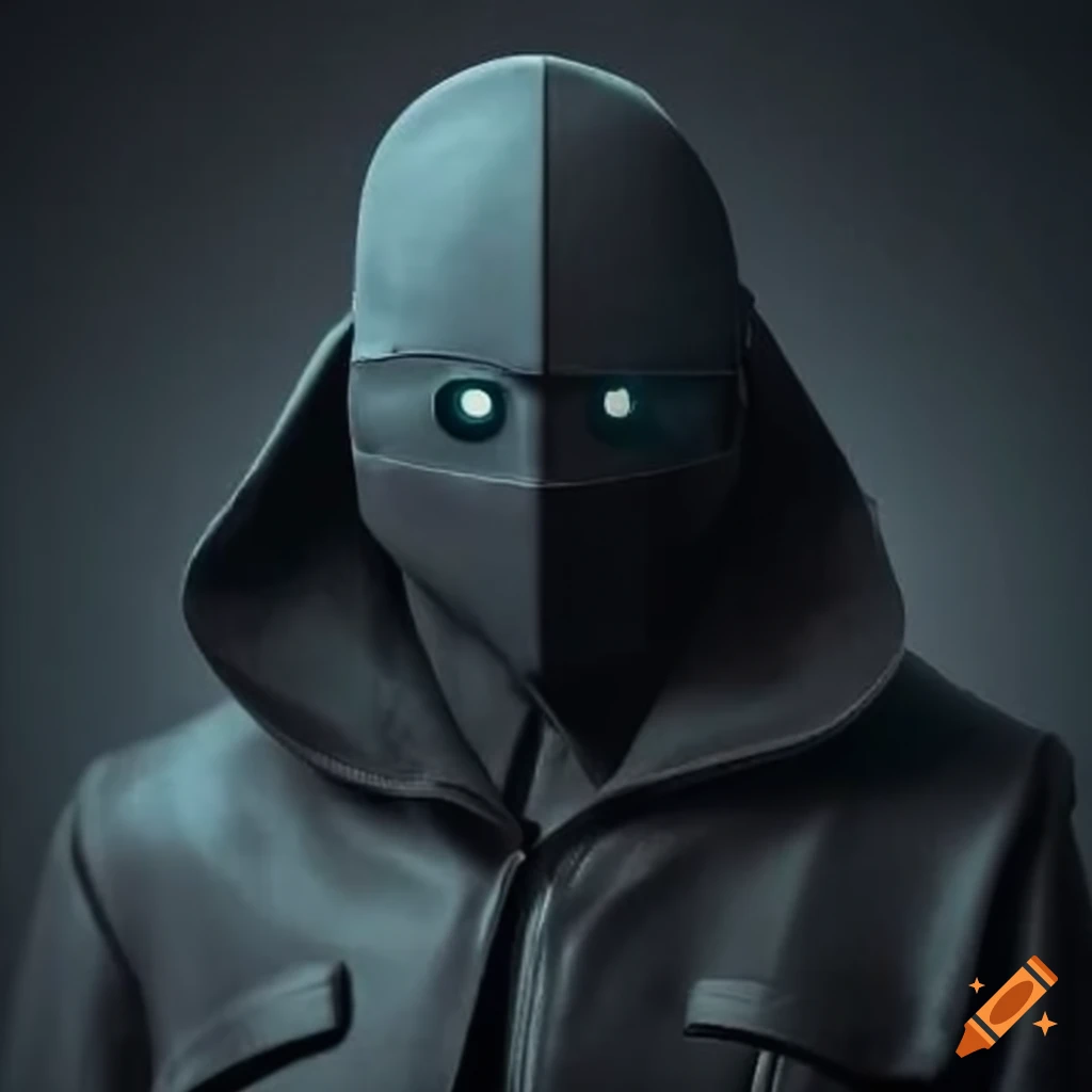 Creepy android with a black steel blade head and black leather coat on ...