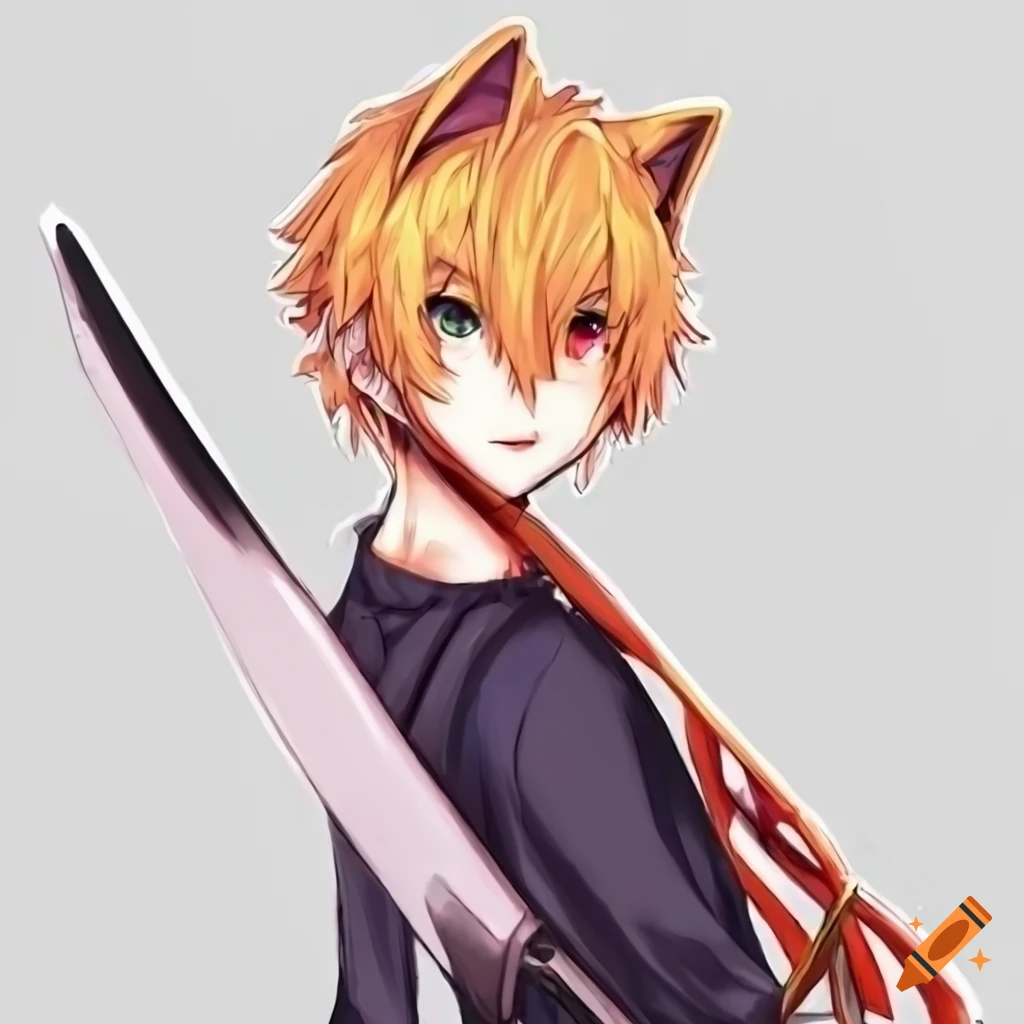 Anime-style cat-boy with katana weapon on Craiyon