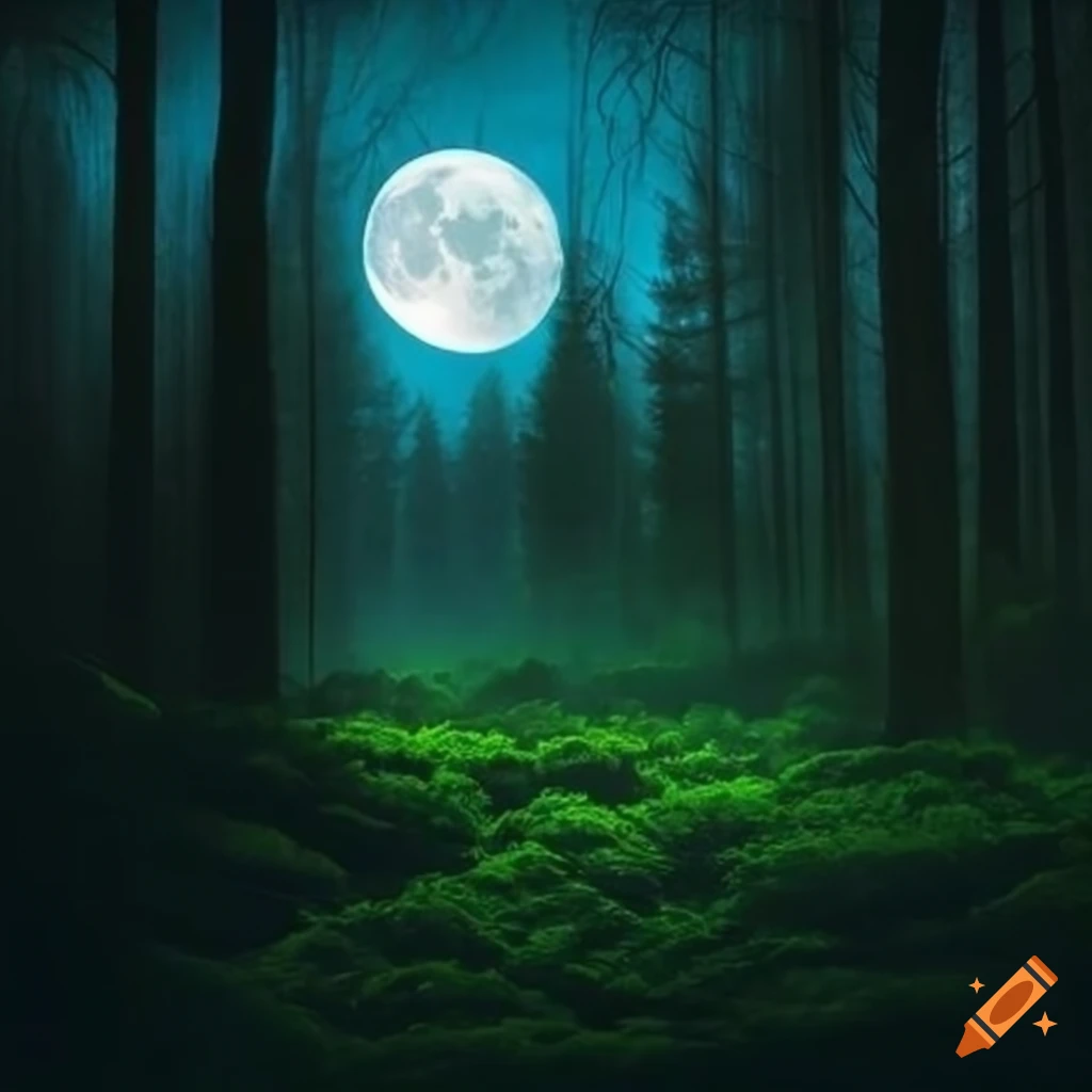 Night fire under the huge moon in the dark forest with green foliage on ...