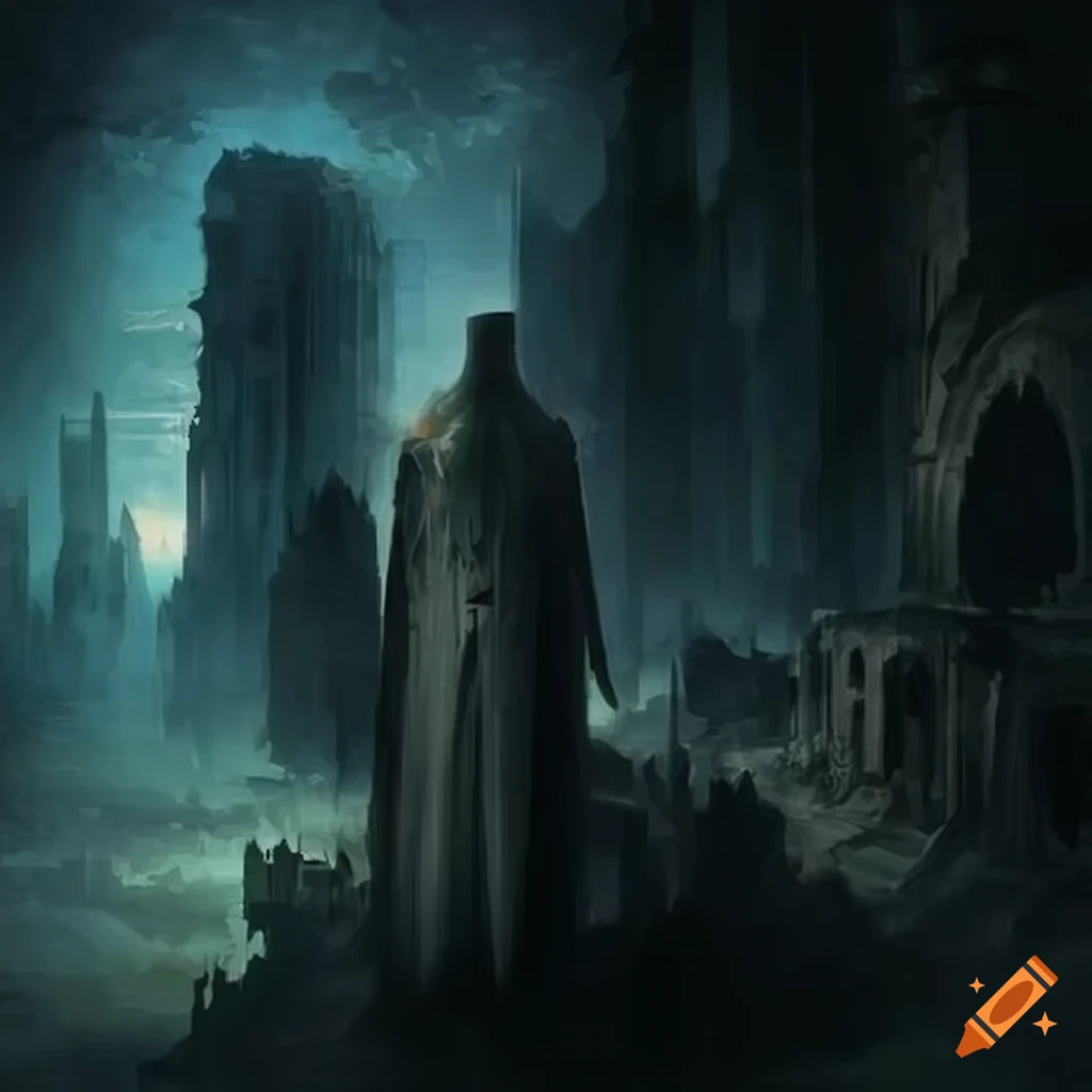 Cursed king surrounded by ghosts with a ruined city in the background ...