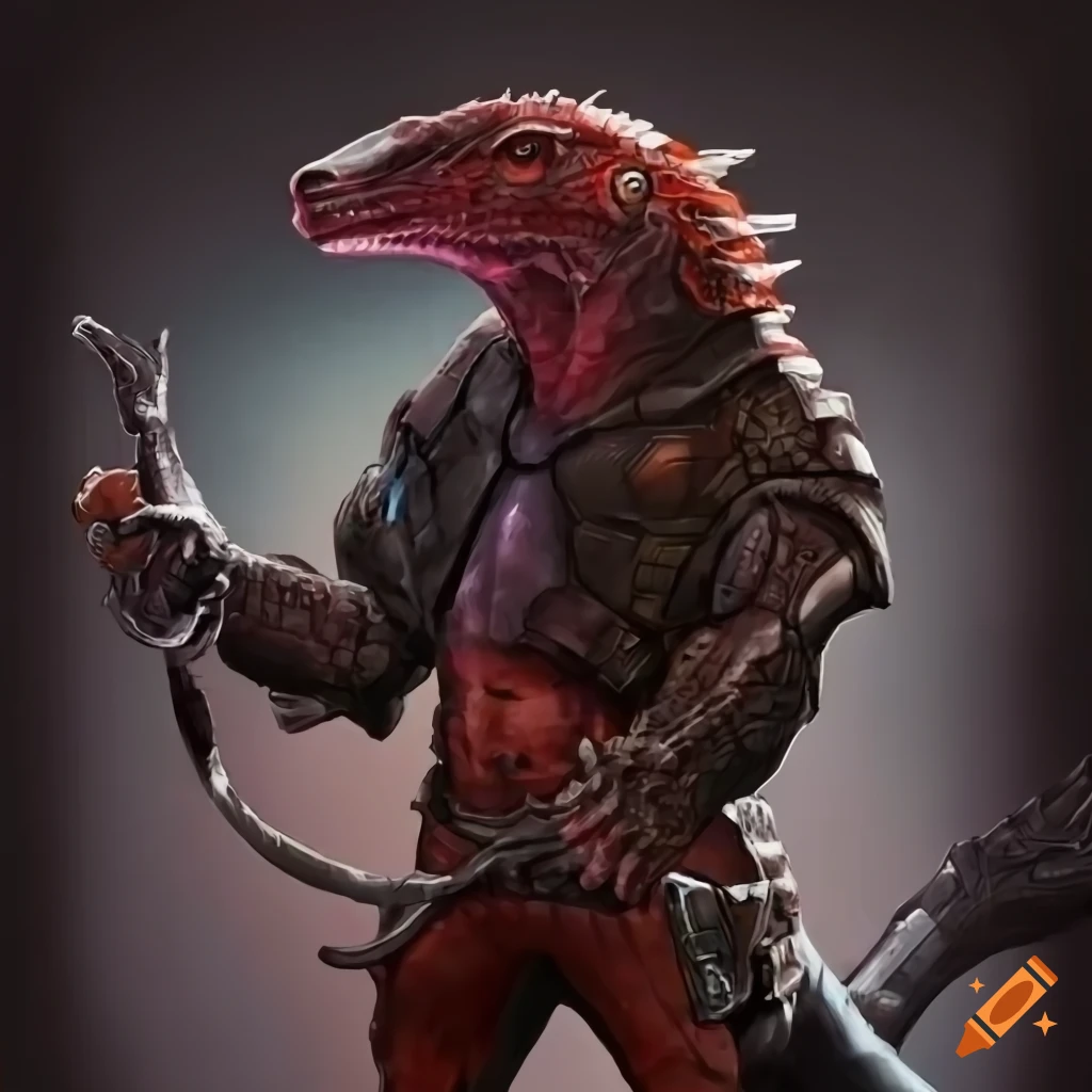 Ikeshti male lizardfolk with futuristic attire wielding weapons on Craiyon
