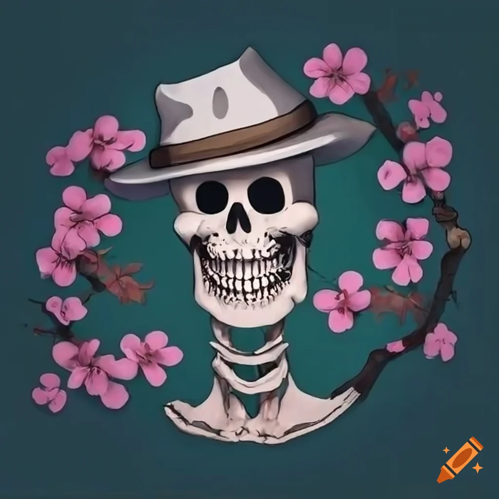 Smiling skeleton with cherry blossoms and fedora hat on Craiyon