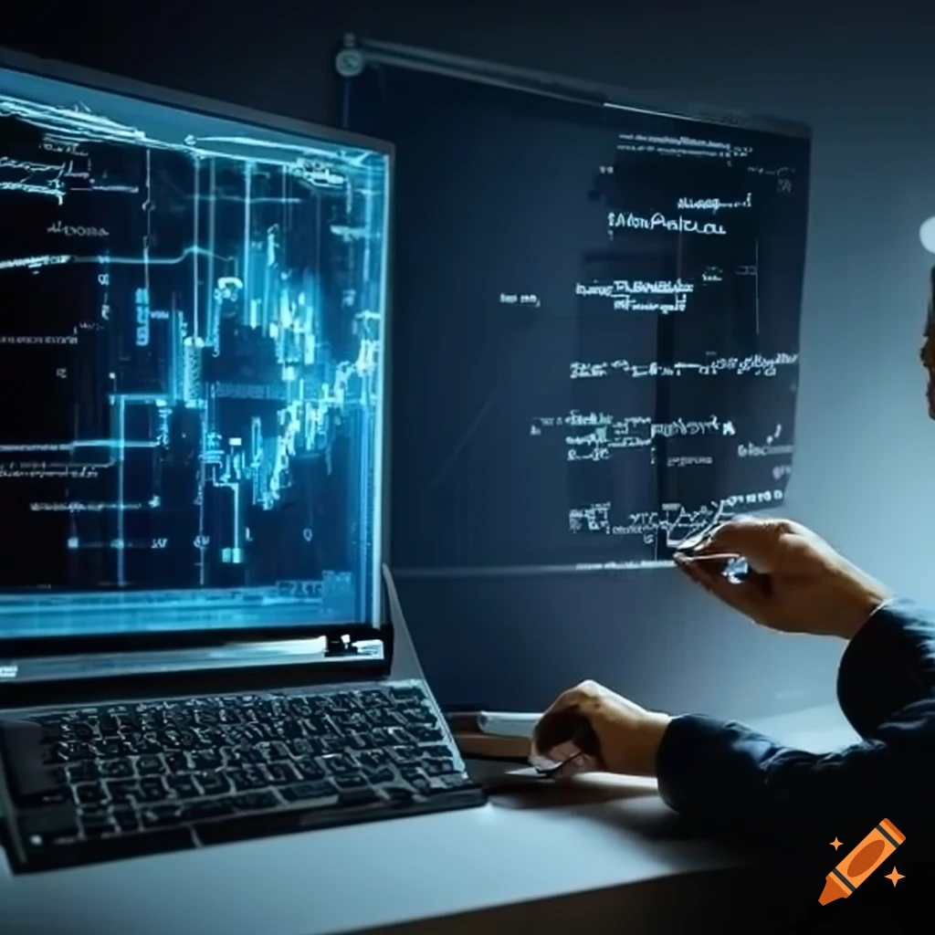 Sophisticated data analyst working with graphs and charts at a computer on Craiyon
