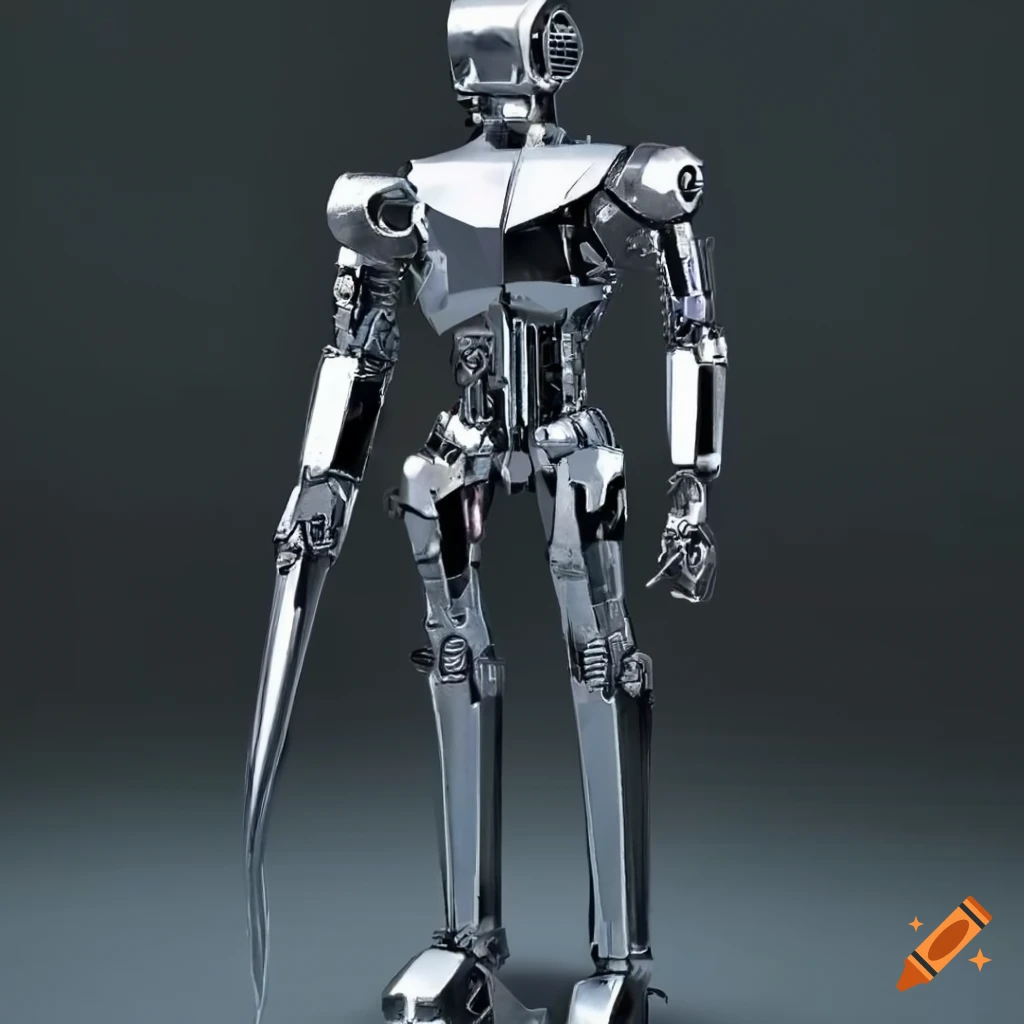 Faceless chrome robot with metallic sword arm on Craiyon