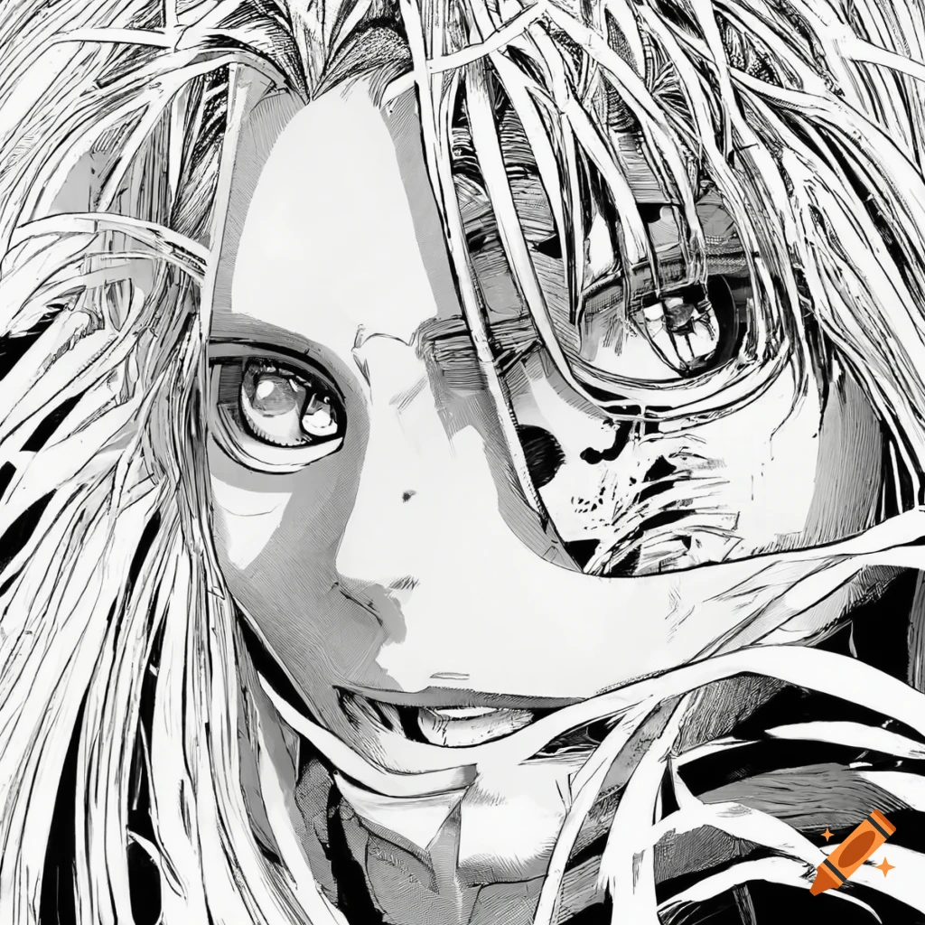 Black and white highly detailed manga panel with sharp outlines on Craiyon
