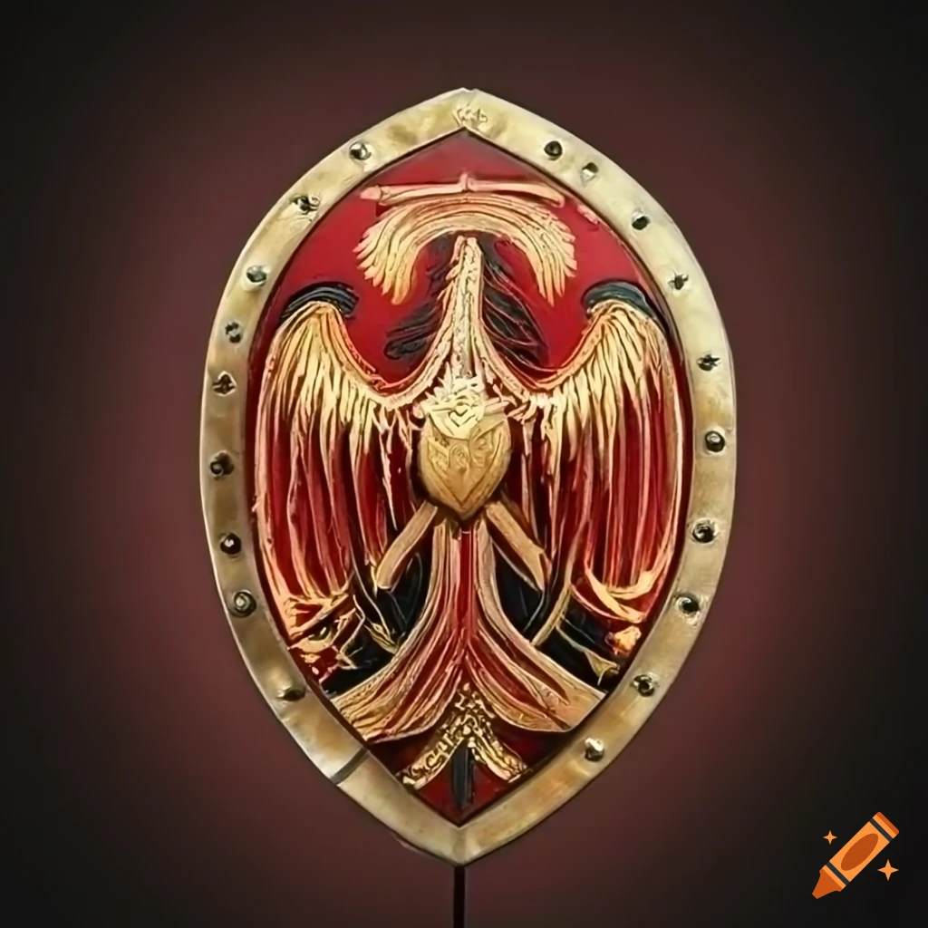 Warrior's shield with a phoenix emblem and intricate feather details on ...