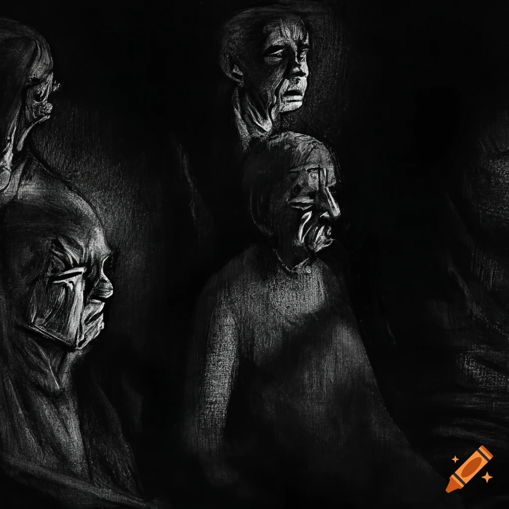 Charcoal drawing of a group of elderly people in chairs on Craiyon