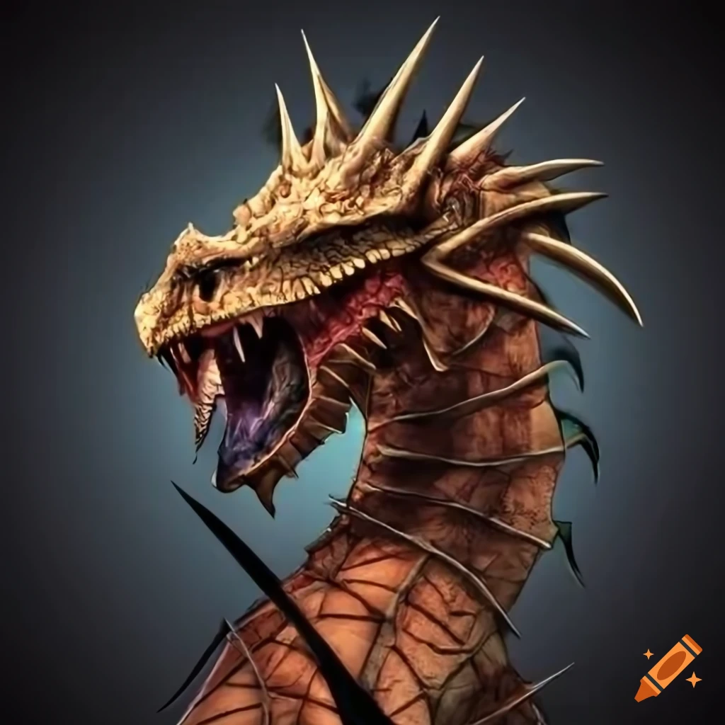 Friendly dragon with scales and sharp teeth, smoke from nose, dagger ...