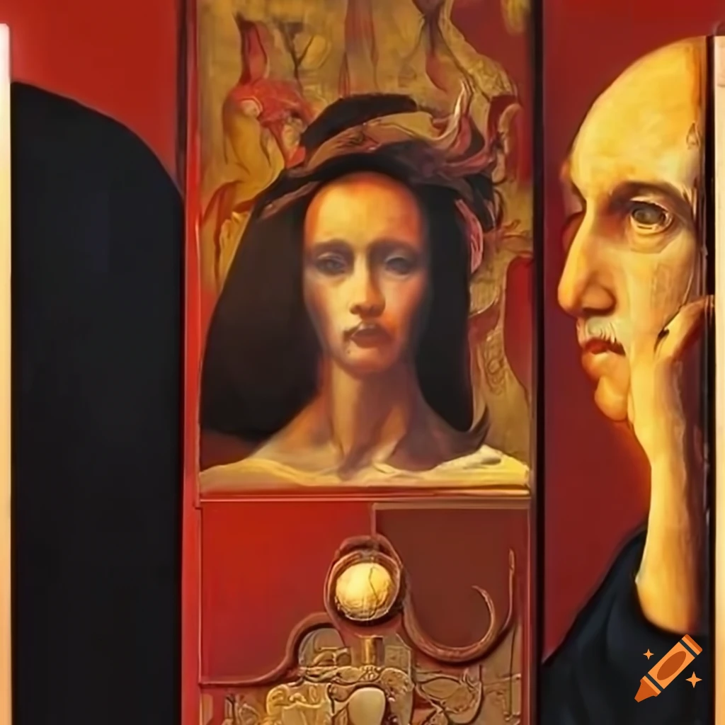 3D triptych painting depicting artists forming a union in a tarot card ...