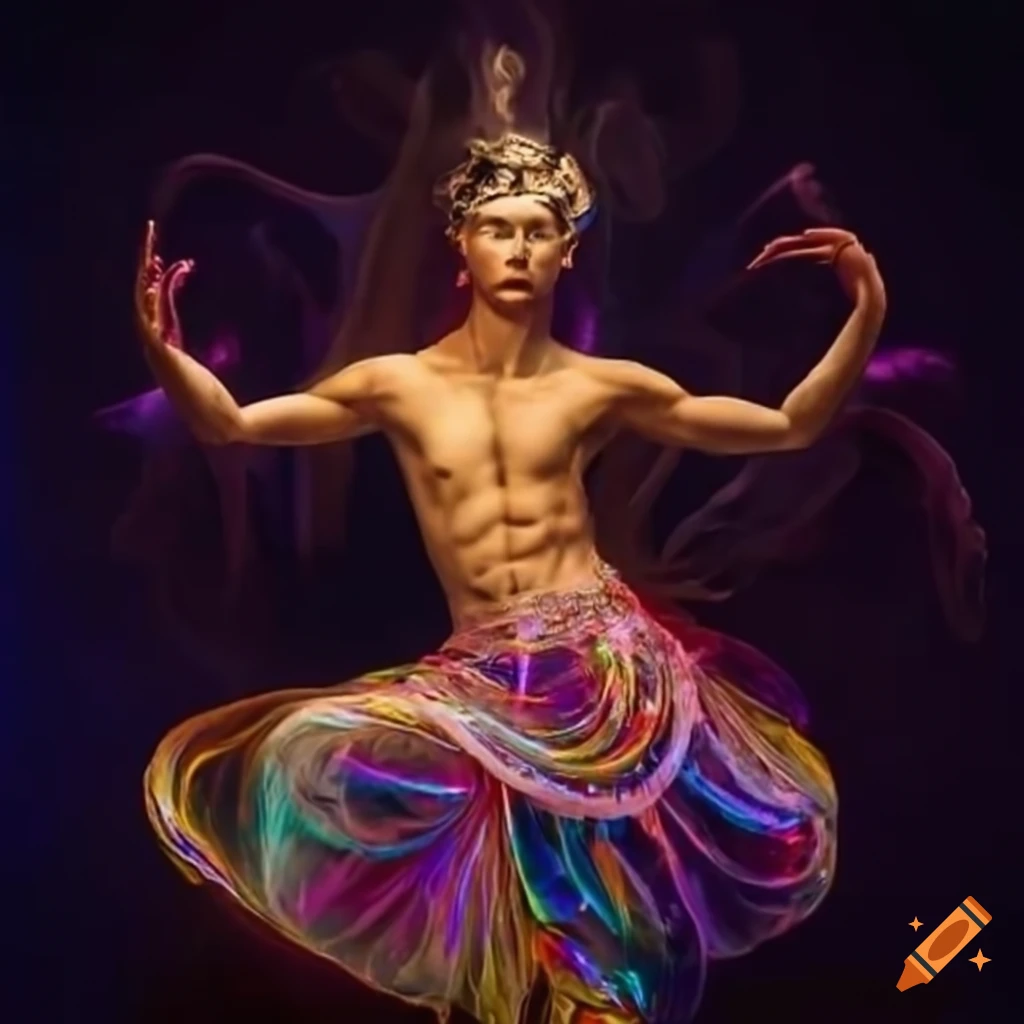 Prismatic male dancer with flowing light clothing and regal lionlike ...