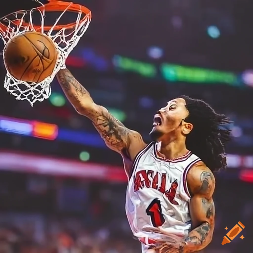 Derrick rose dunking on a tall defender on Craiyon