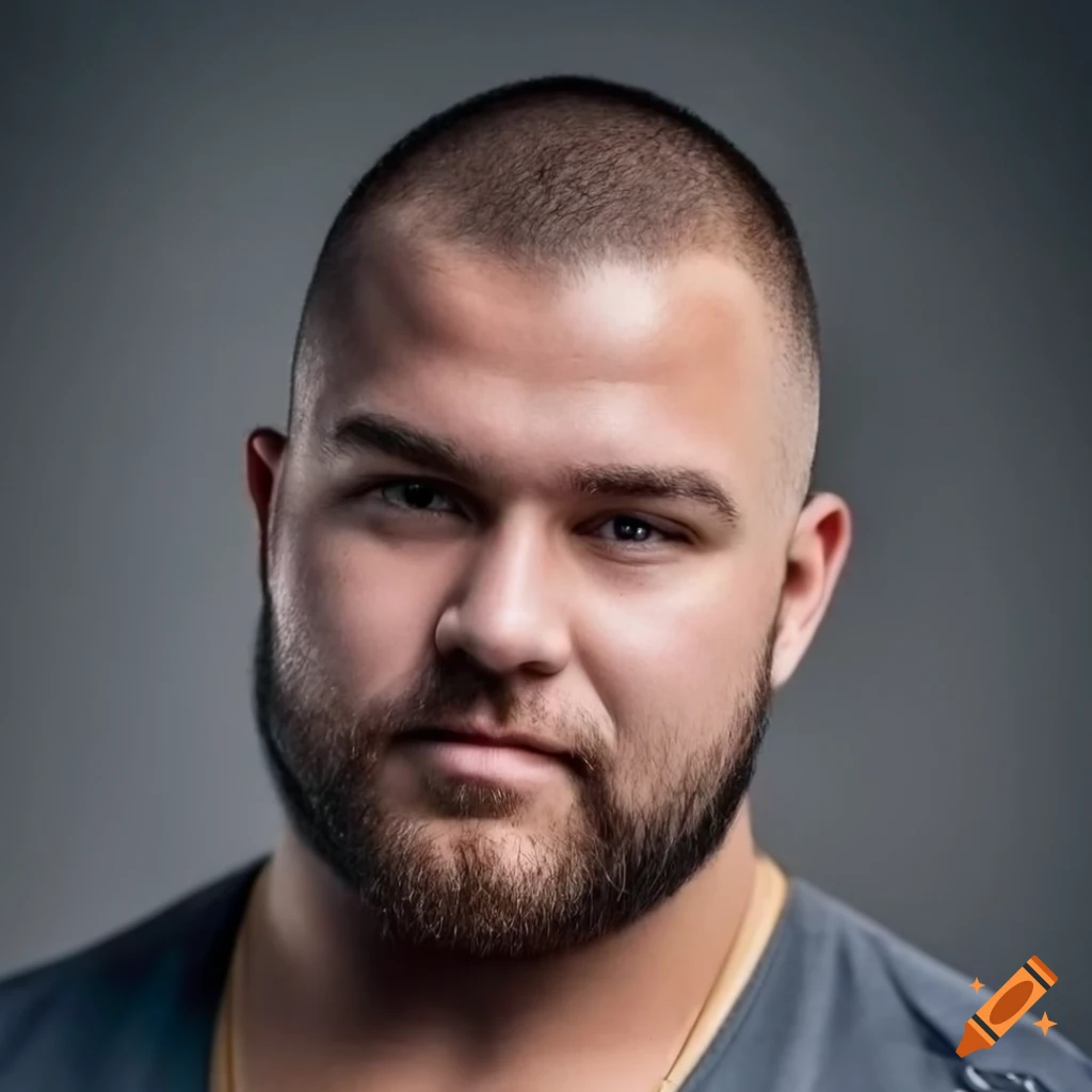 Portrait of a strong Spanish man with a trimmed beard and buzzcut on ...