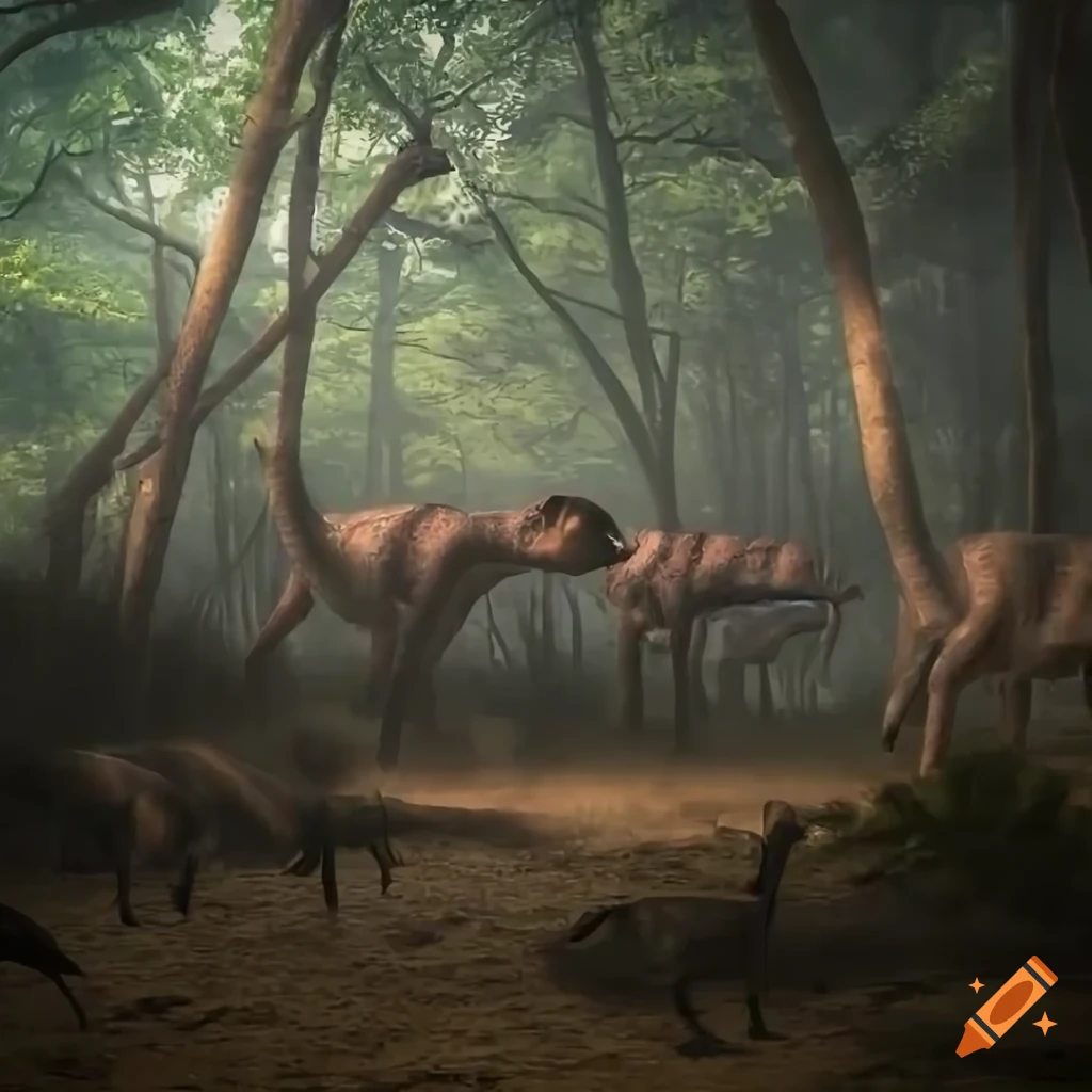 Striped Hadrosaurus Dinosaurs Walking Along A Forest Lake In Misty