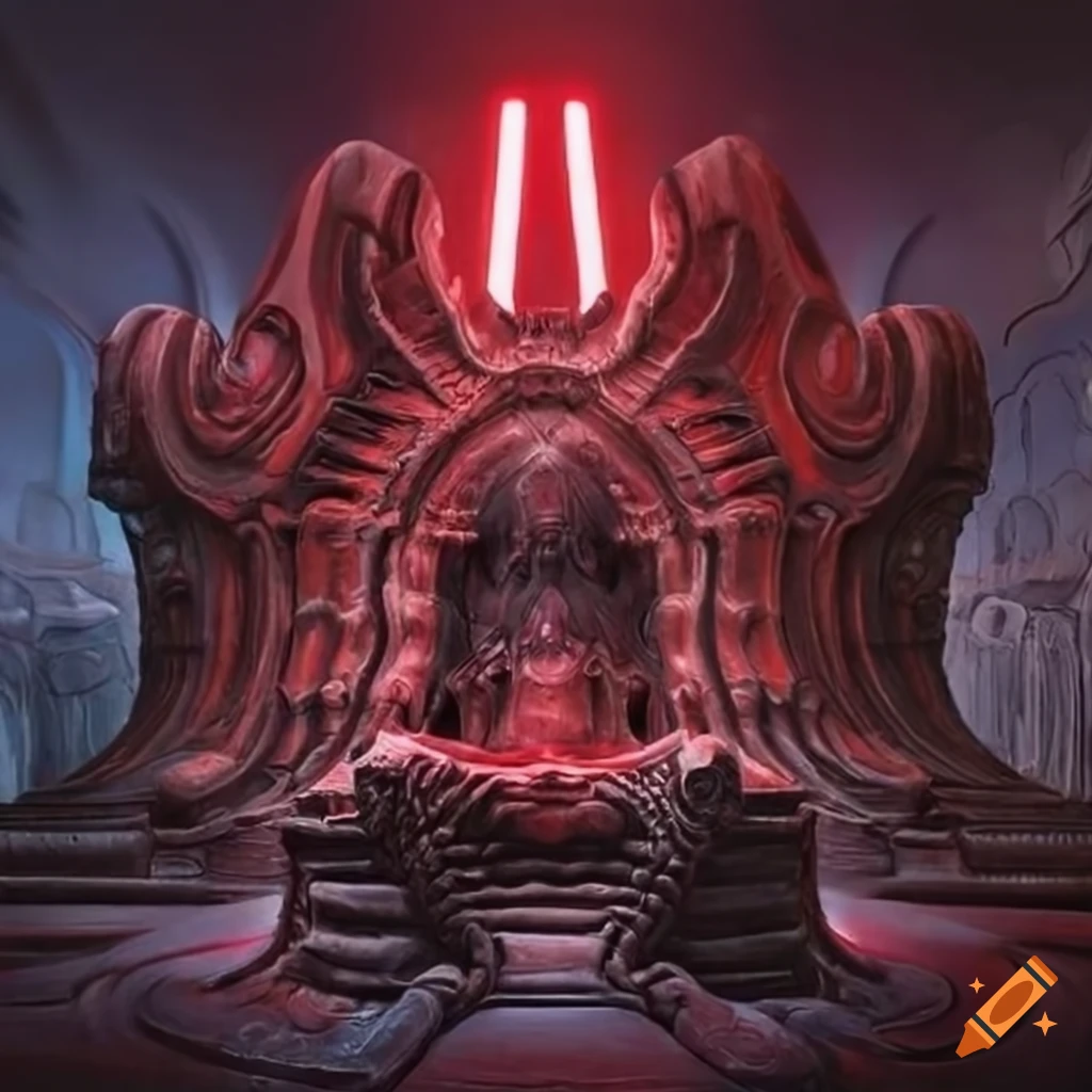 Dark and red glowing sith meditation chamber with a central throne on ...