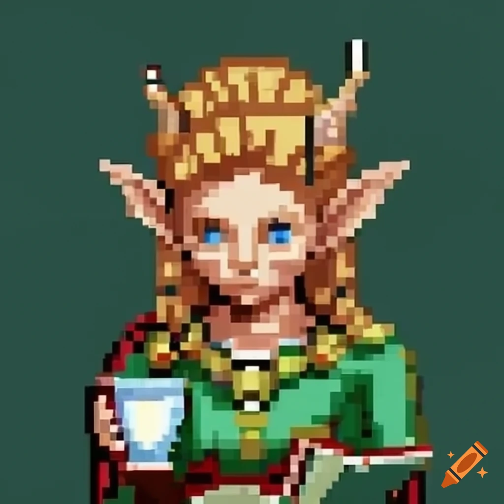 Pixel art elf enjoying coffee and reading on Craiyon