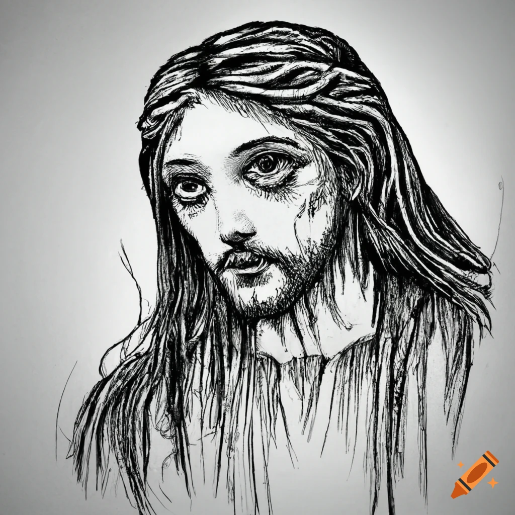 Artistic depiction of Jesus in horror manga style ink drawing on Craiyon
