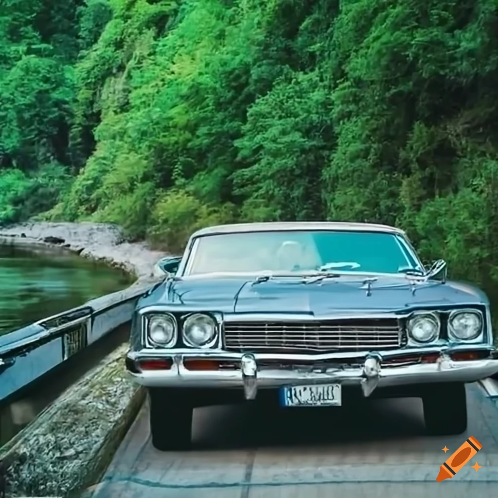 Classic Malibu car driving on an old river bridge with steep green ...