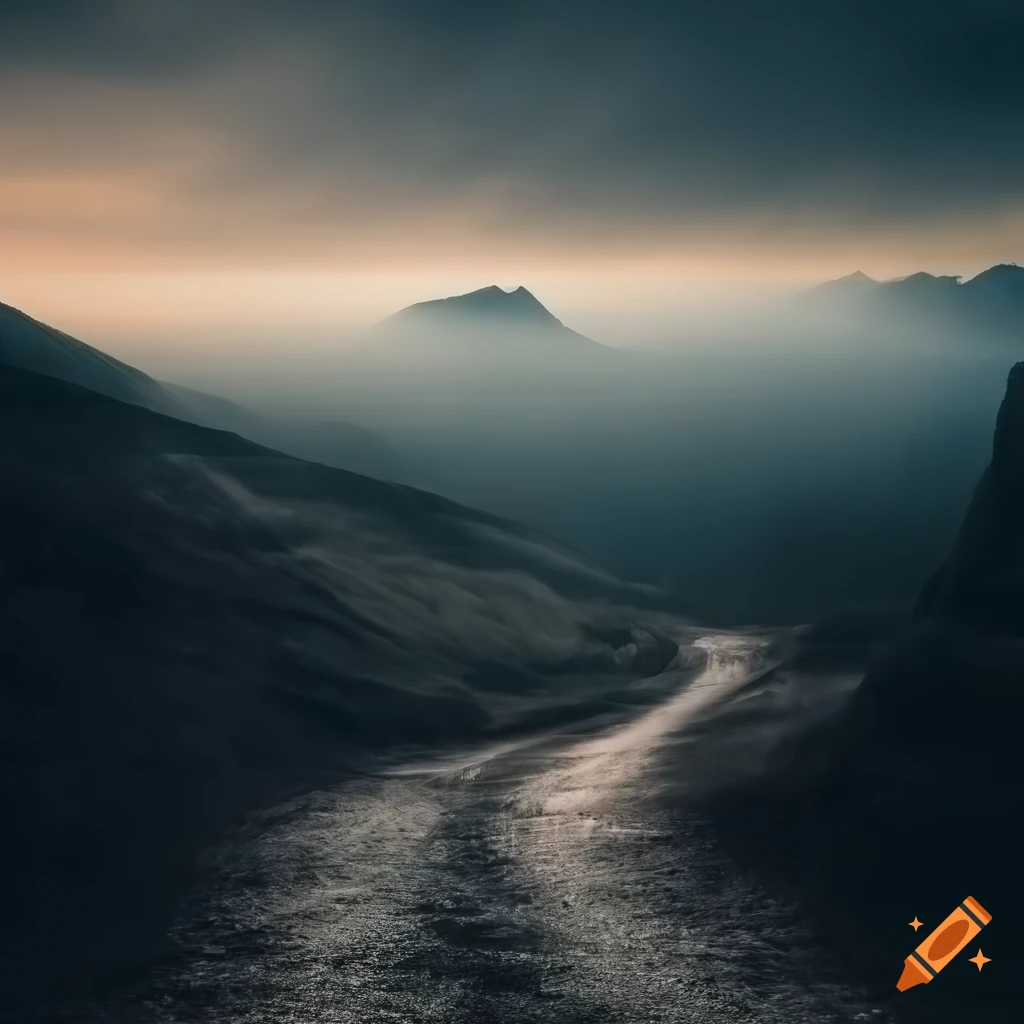 Winding path through a desolate landscape leading to a foreboding ...