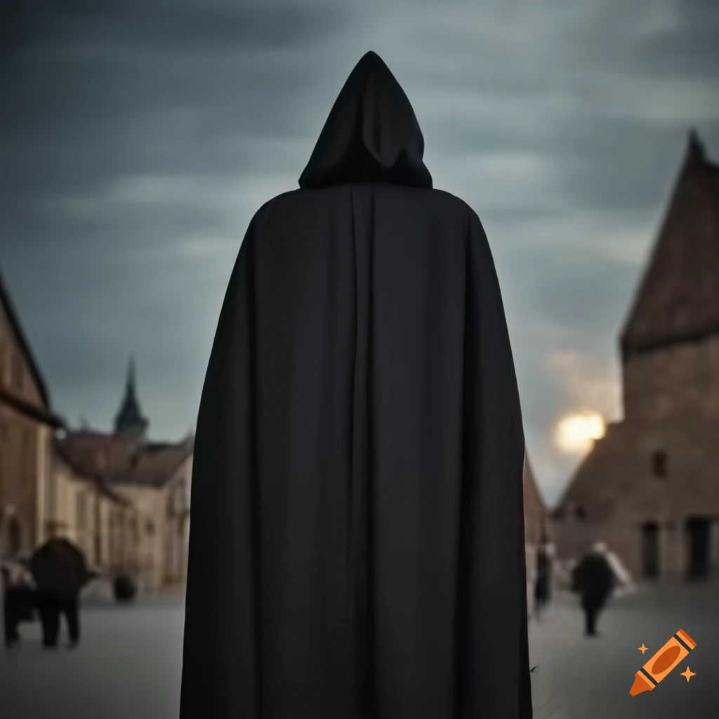 Medieval man in black cloak looking at a medieval city on Craiyon