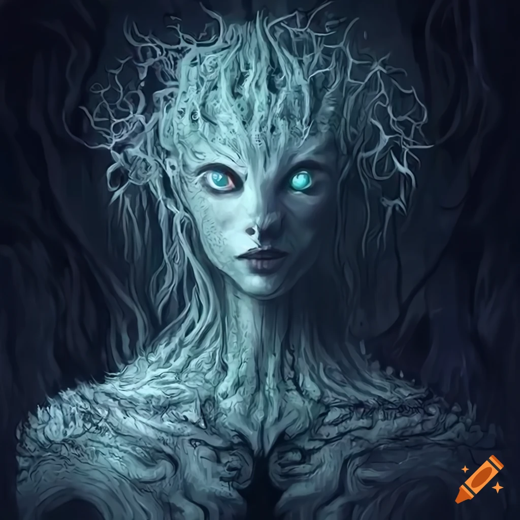 Tree spirit monster fantasy design with sharp contrasts and white edges ...