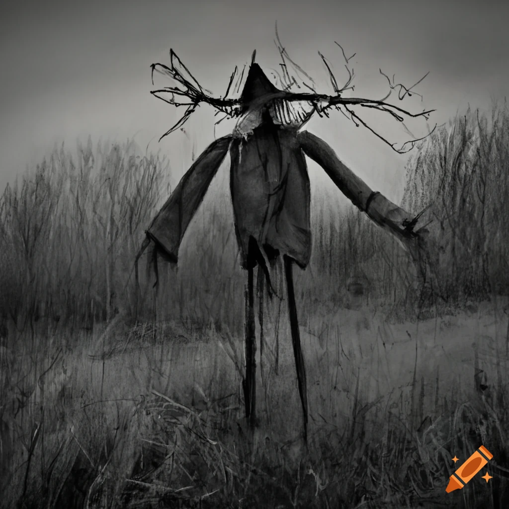 Scarecrow in a creepy field in the style of stephen gammell on Craiyon