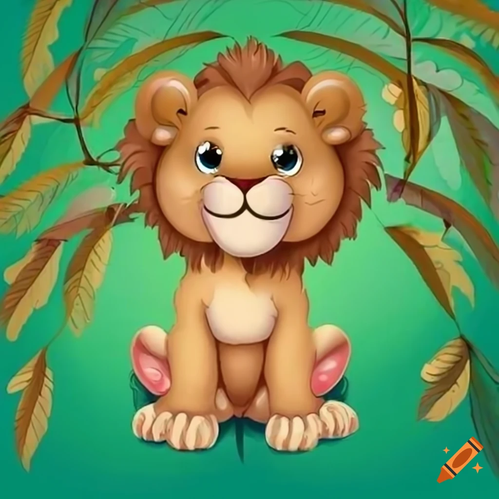 Baby lion with leaves in the background on Craiyon