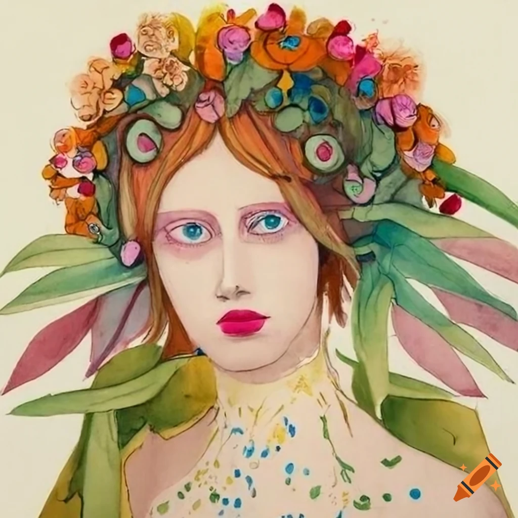 Garden goddess with leaves and plants in hair, featuring influences ...