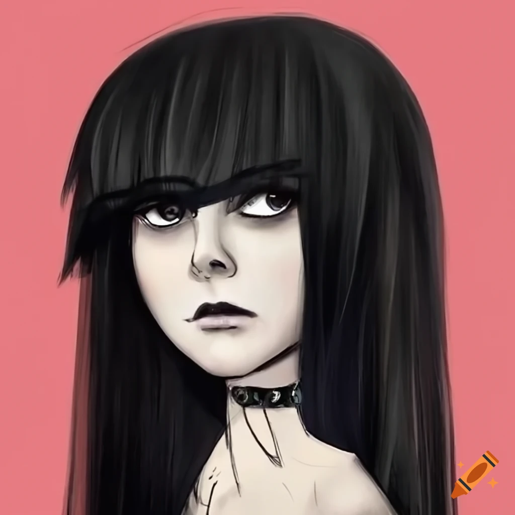 Lucy loud with black hair in a goth style looking away on Craiyon