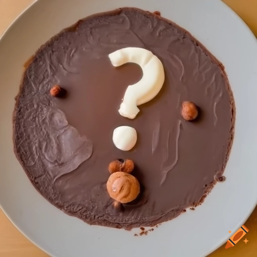 Plate with chocolate dessert and mystery question mark on Craiyon