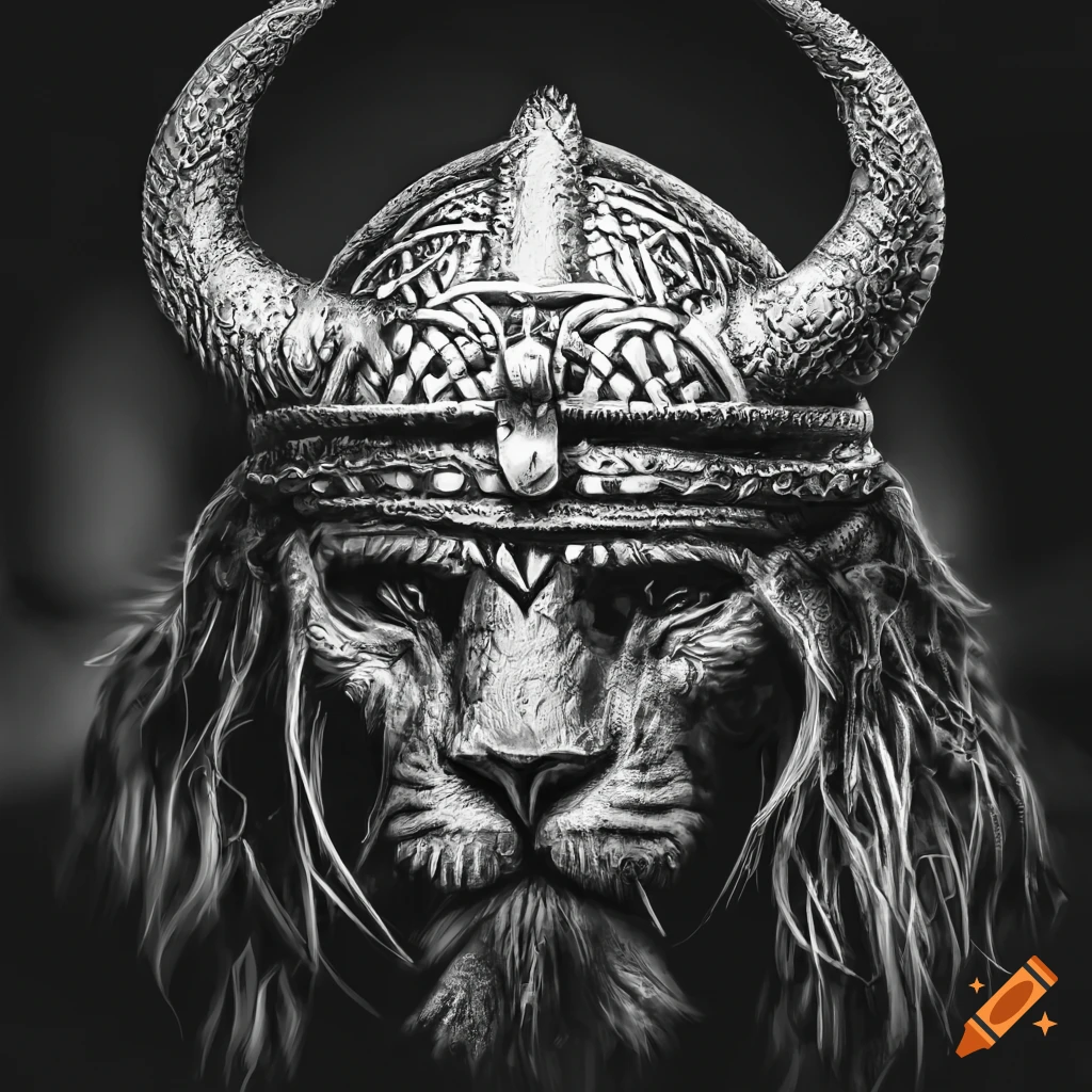 Powerful lion wearing a horned viking helmet in monochrome on Craiyon