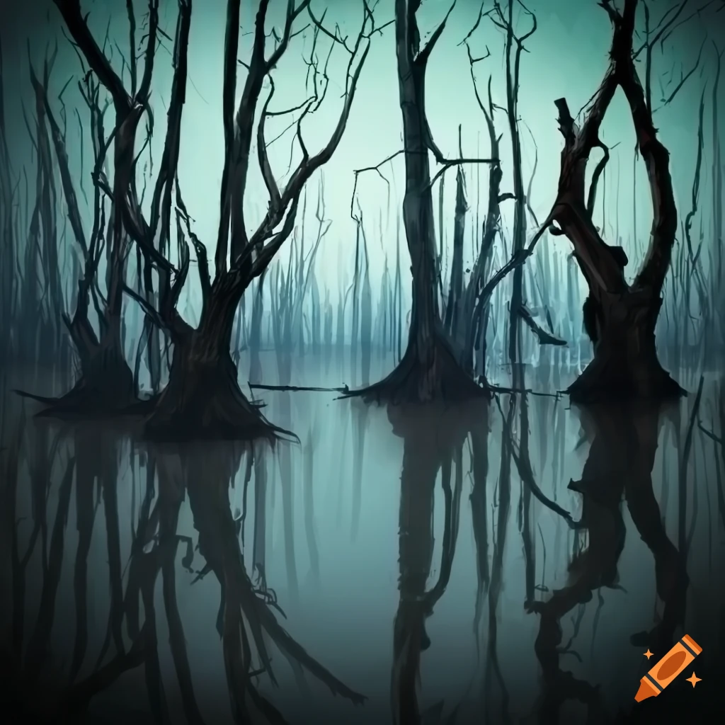 Desolate swamp with dead trees on Craiyon