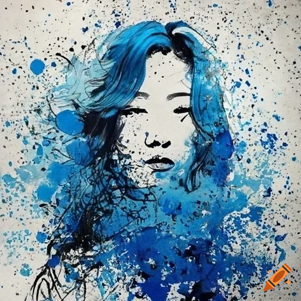 Woman with long blue hair in japanese ink splatter illustration on Craiyon
