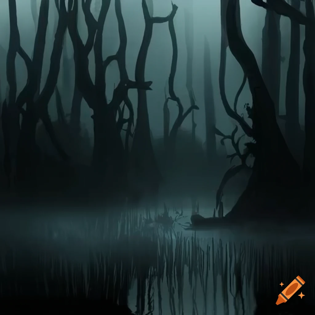 Desolate swamp in dark and raining weather on Craiyon