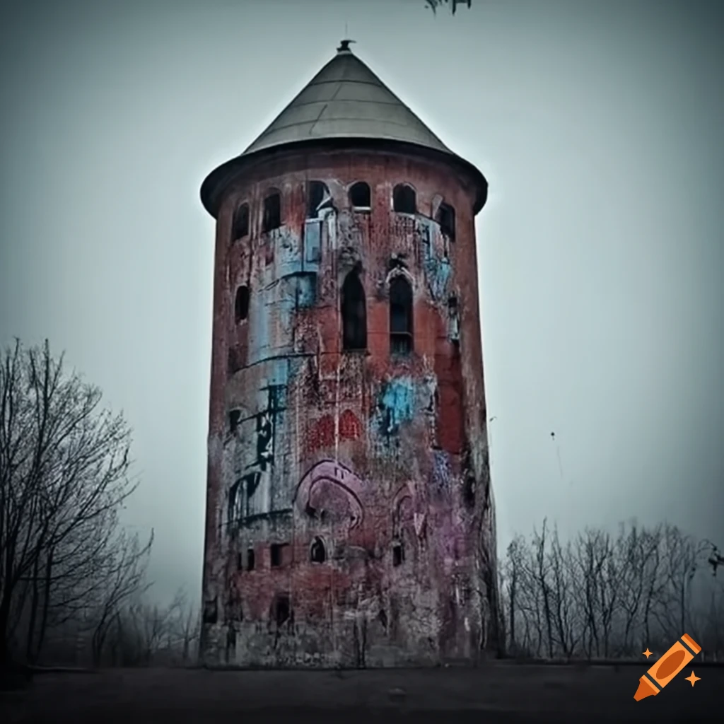 Eerie photo of a towering water tower with strange graffiti and ghostly ...