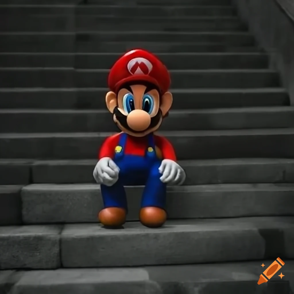 Sad super mario sitting on stairs in the rain on Craiyon