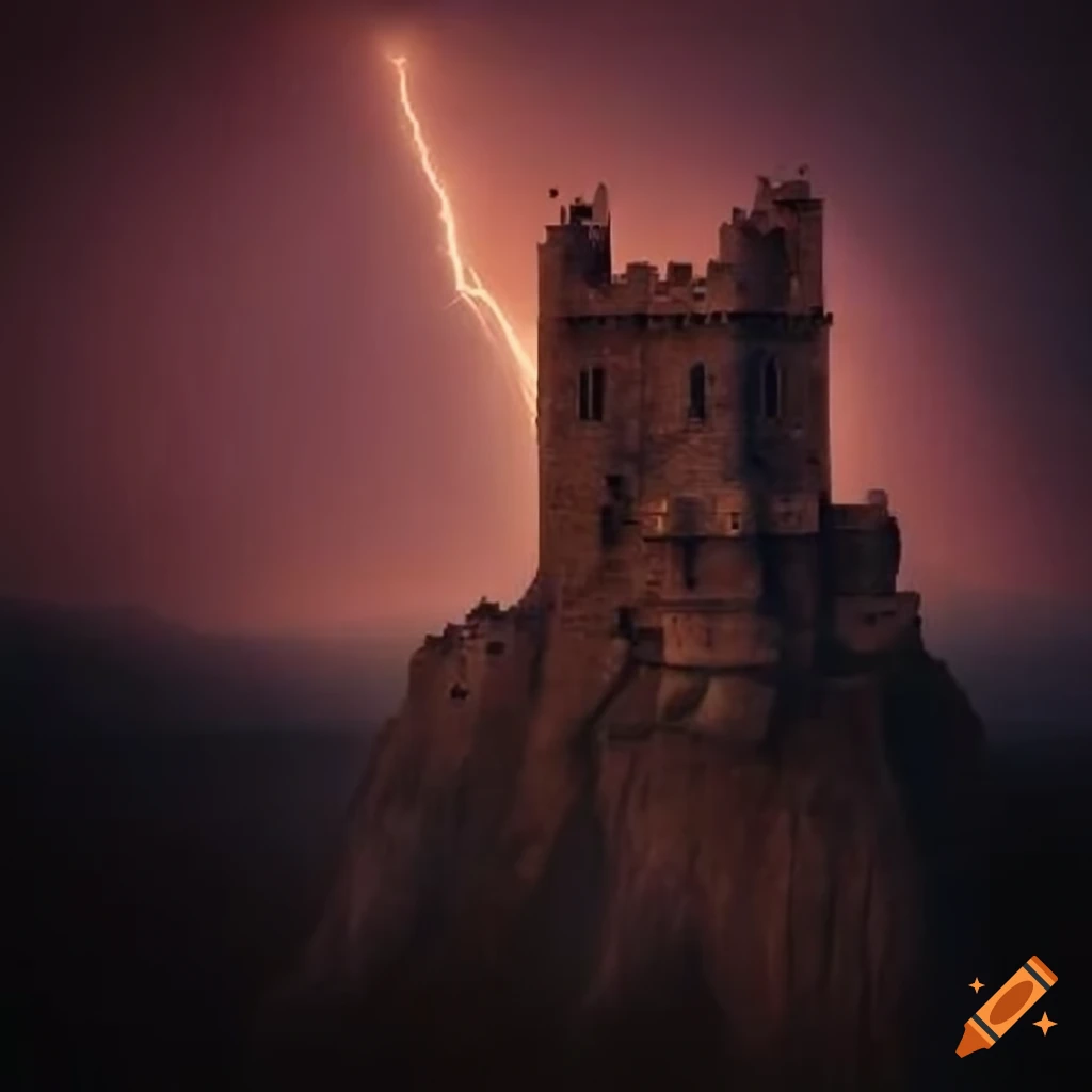 Castle on a cliff with lightning in the background on Craiyon