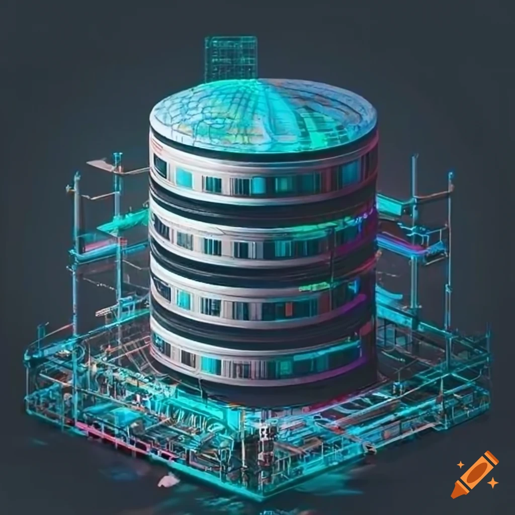 Database server surrounded by scaffold and schematic data on Craiyon