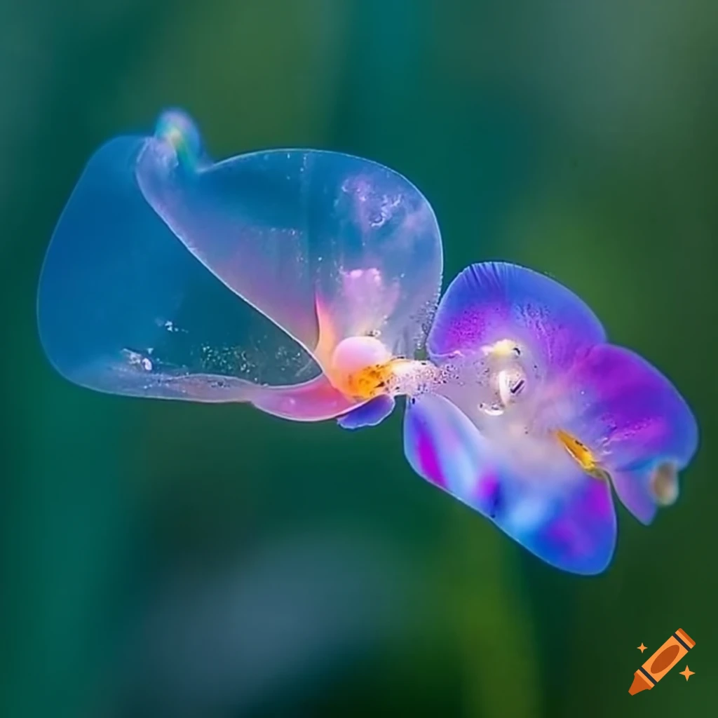 Translucent and iridescent squid-like deep-sea creature underwater on ...