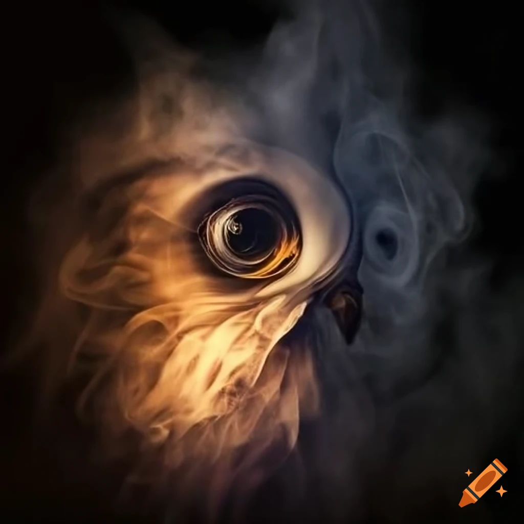 Intricate and spooky owl silhouette made from smoke on Craiyon