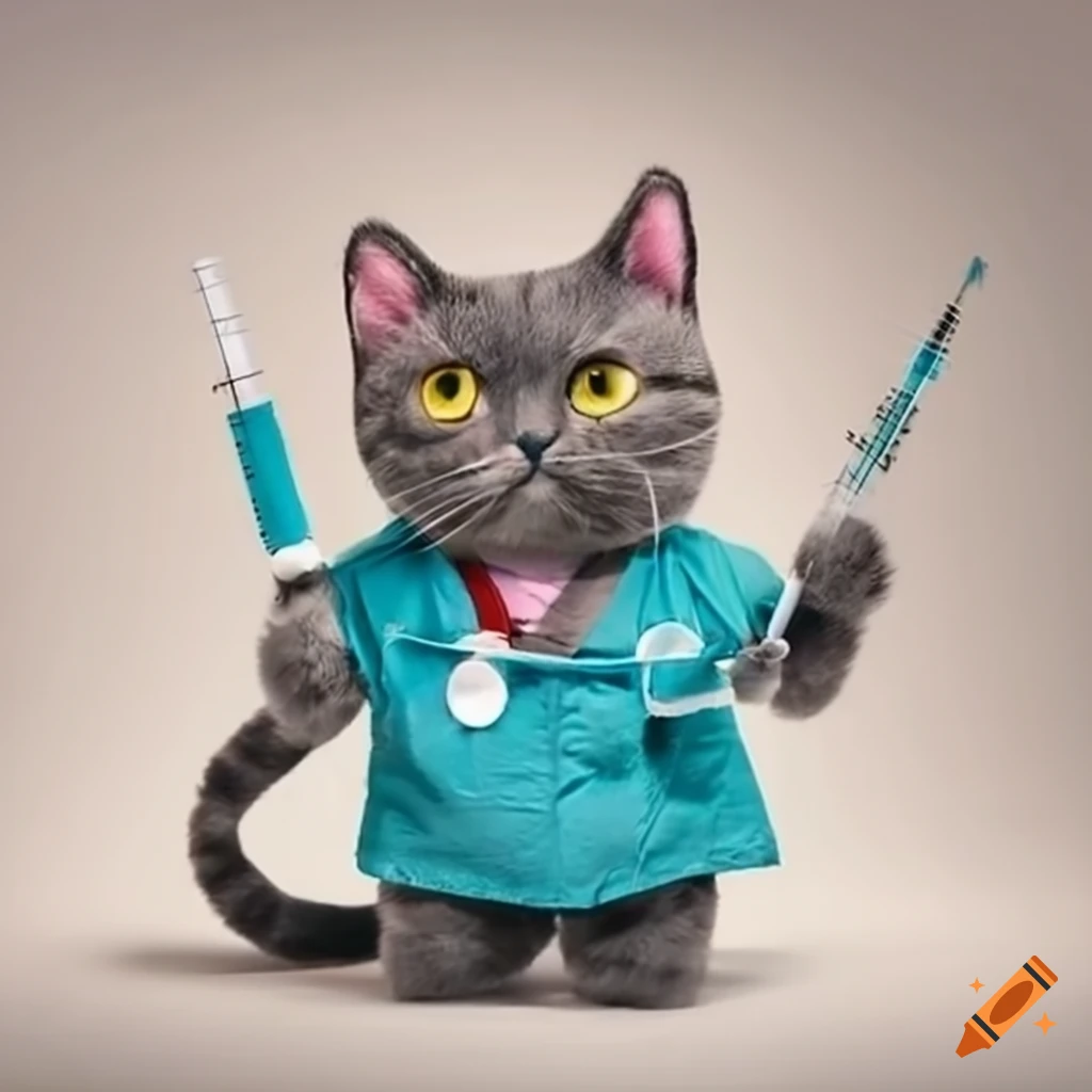 Plush cat wearing a surgeon's mask holding a syringe on Craiyon