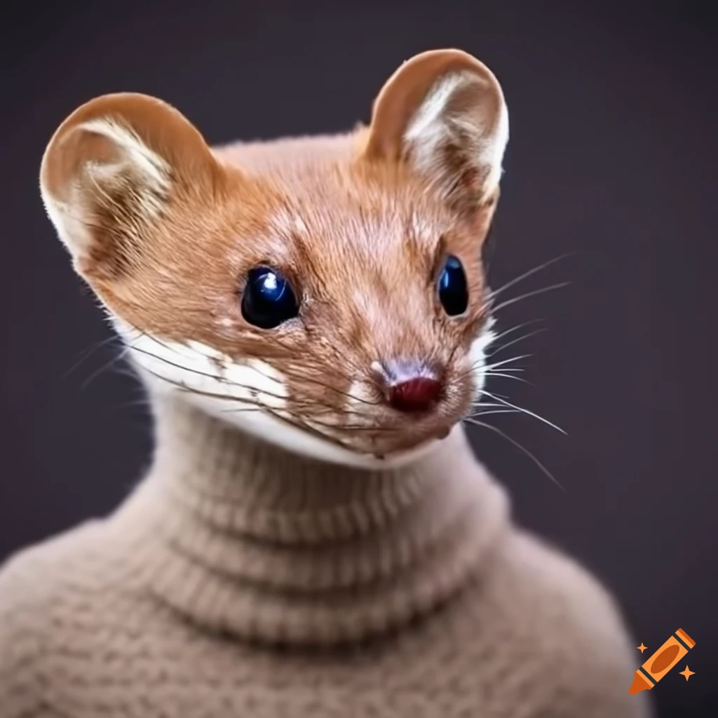 Weasel wearing beige turtleneck and glasses behind a computer on Craiyon