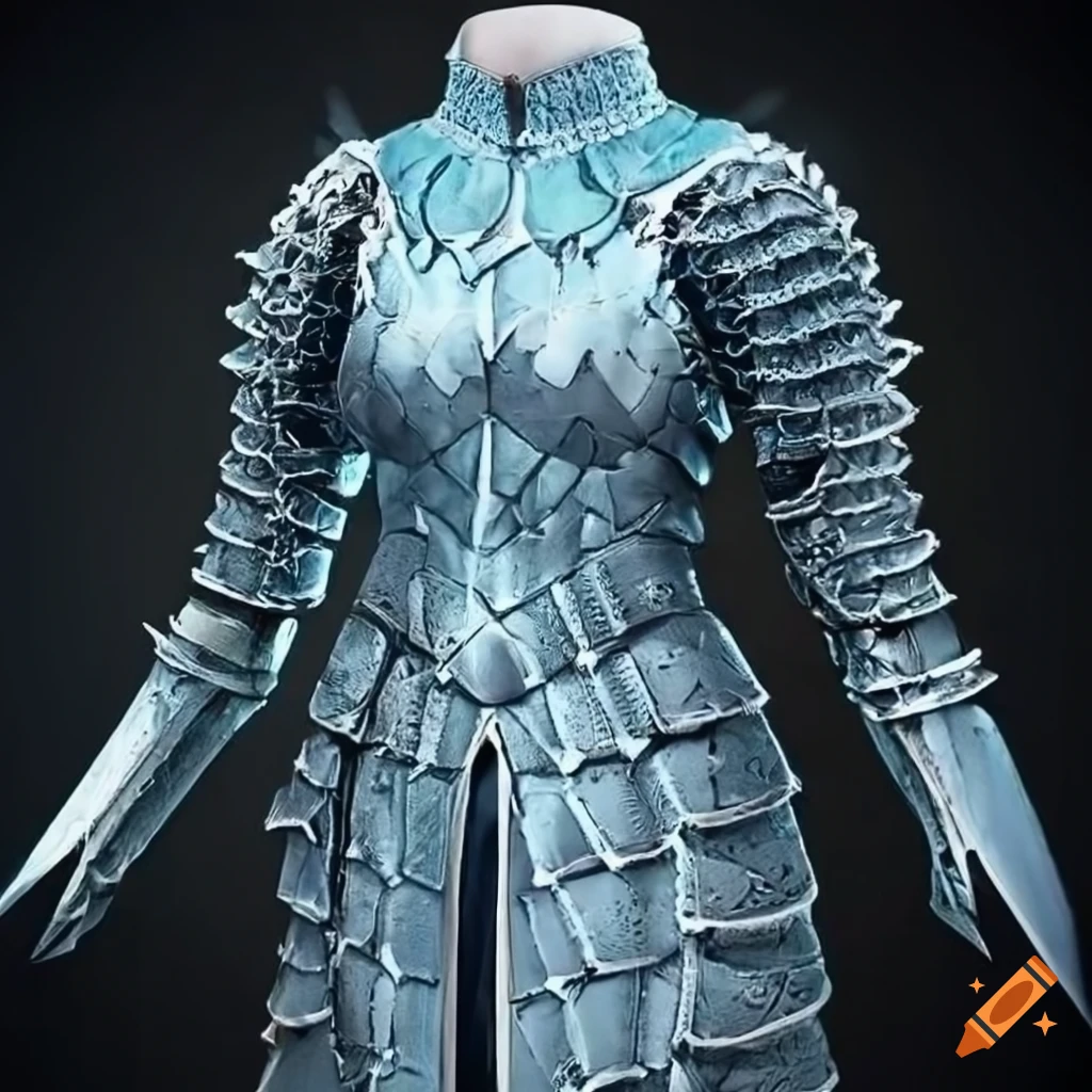 Woman wearing ice scale mail armor dress on Craiyon