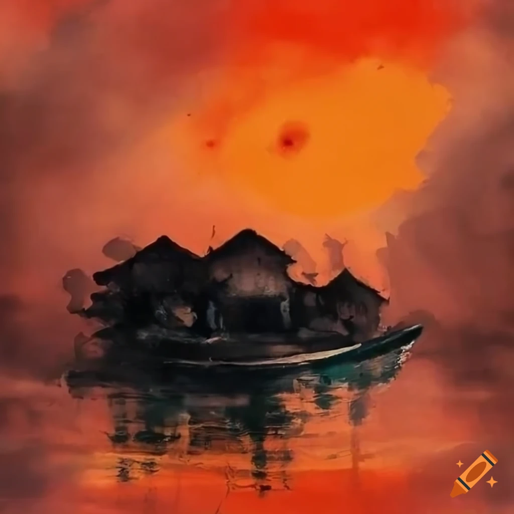 Vietnamese ink painting of hoi an town with boat and small red sun on ...