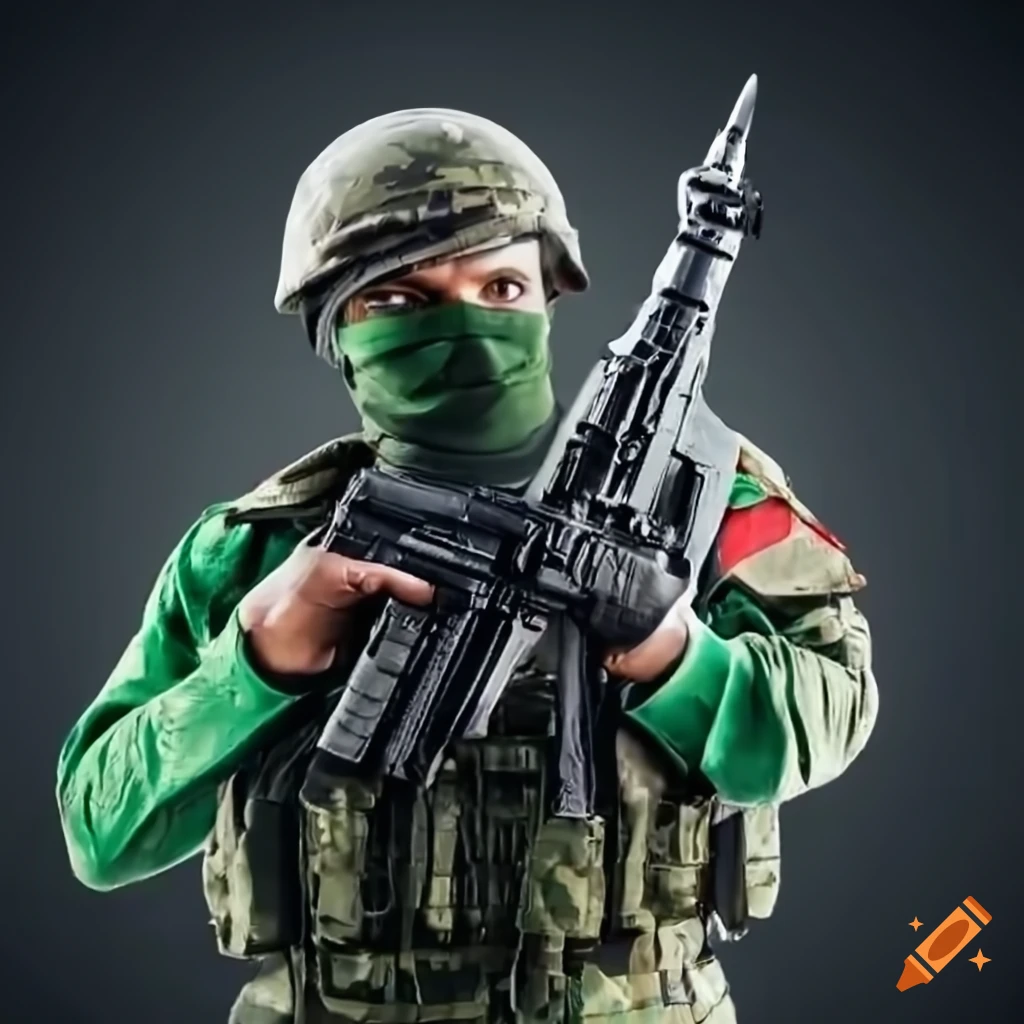 Palestinian soldier with flag and weapons on Craiyon